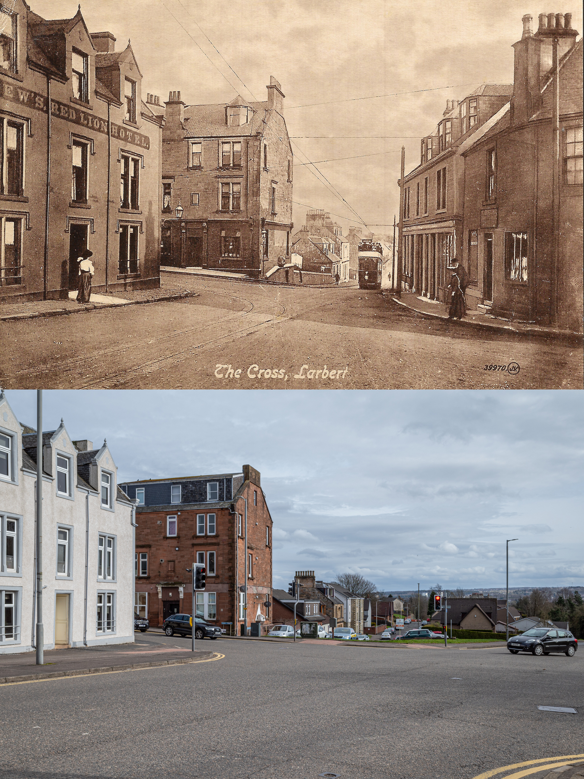 Then/Now – Larbert Cross, c1910 & 2021 – David Wanders
